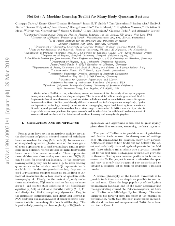 (PDF) NetKet: A machine learning toolkit for many-body quantum systems