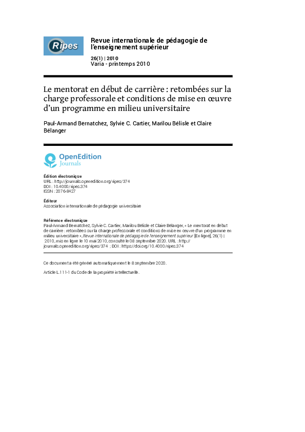 (PDF) Le mentorat en début de carrière : retombées sur la charge professorale et conditions de ...