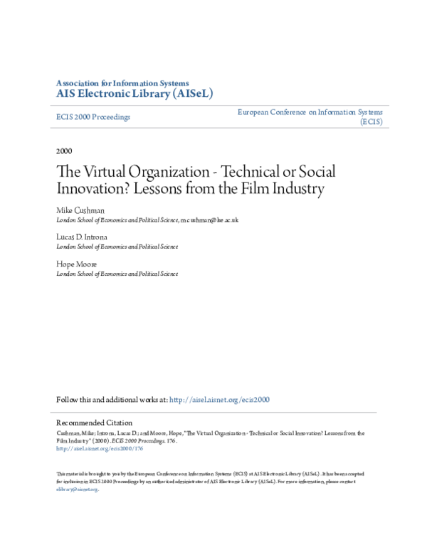 (PDF) The Virtual Organisation - Technical or Social Innovation ...