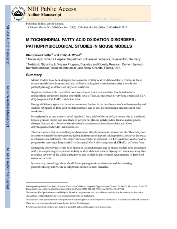 (PDF) Mitochondrial fatty acid oxidation disorders: clinical ...