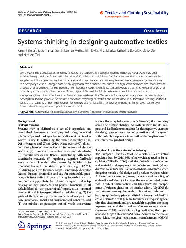 (PDF) Systems thinking in designing automotive textiles
