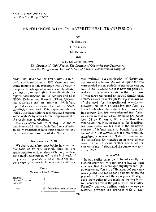 (PDF) Experiences with Intraperitoneal Transfusion
