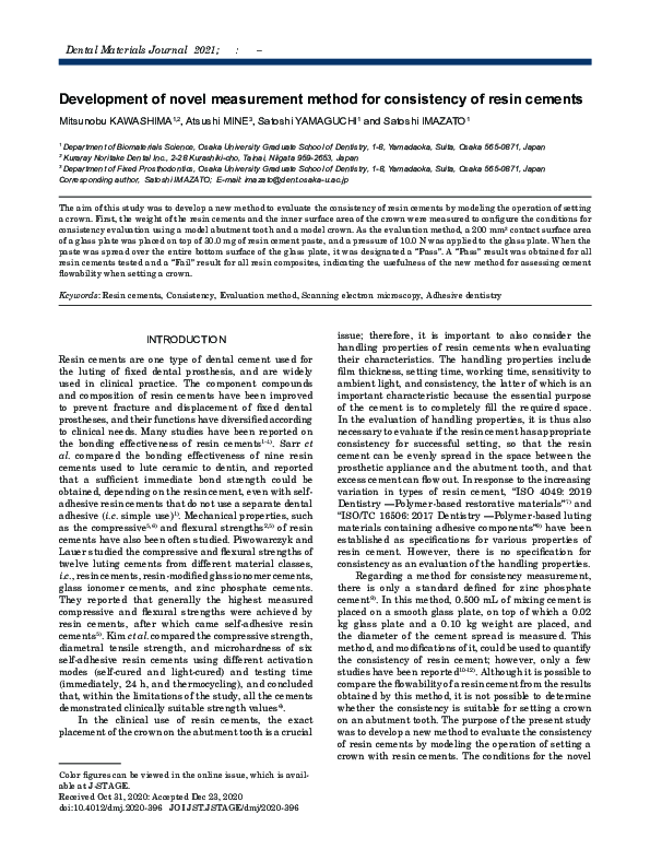 (PDF) Development of novel measurement method for consistency of resin cements | Satoshi ...