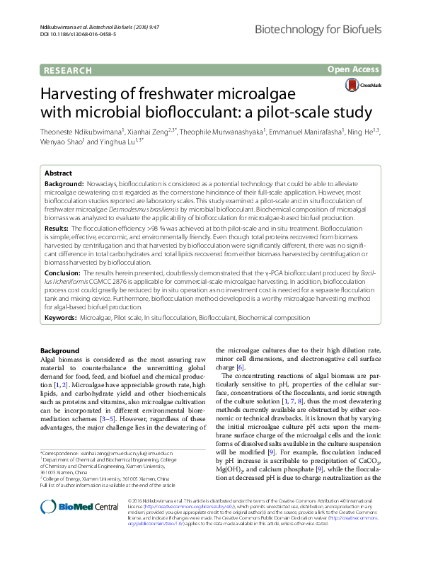 (PDF) Harvesting of freshwater microalgae with microbial bioflocculant: a pilot-scale study