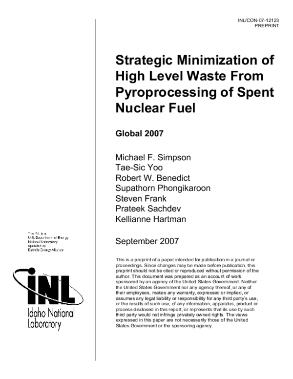 (PDF) Strategic Minimization of High Level Waste From Pyroprocessing of ...