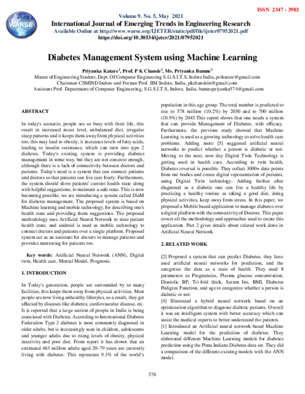 (PDF) Diabetes Management System using Machine Learning