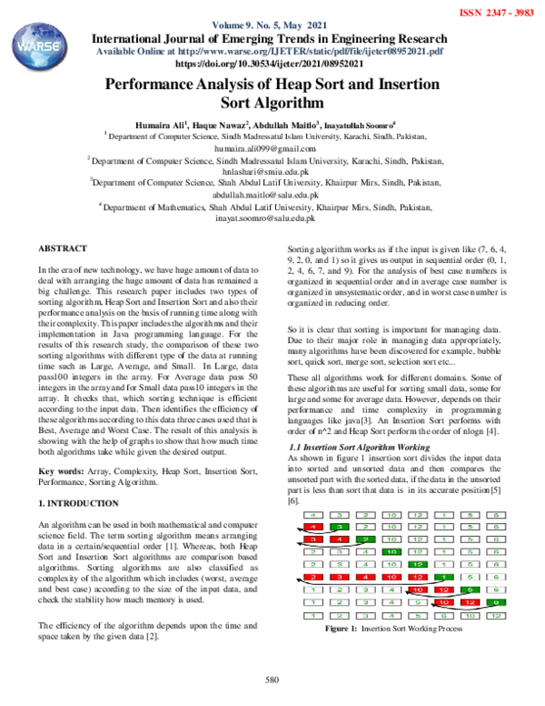 (PDF) Performance Analysis of Heap Sort and Insertion Sort Algorithm