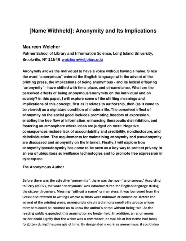 (PDF) [Name withheld]: Anonymity and its implications