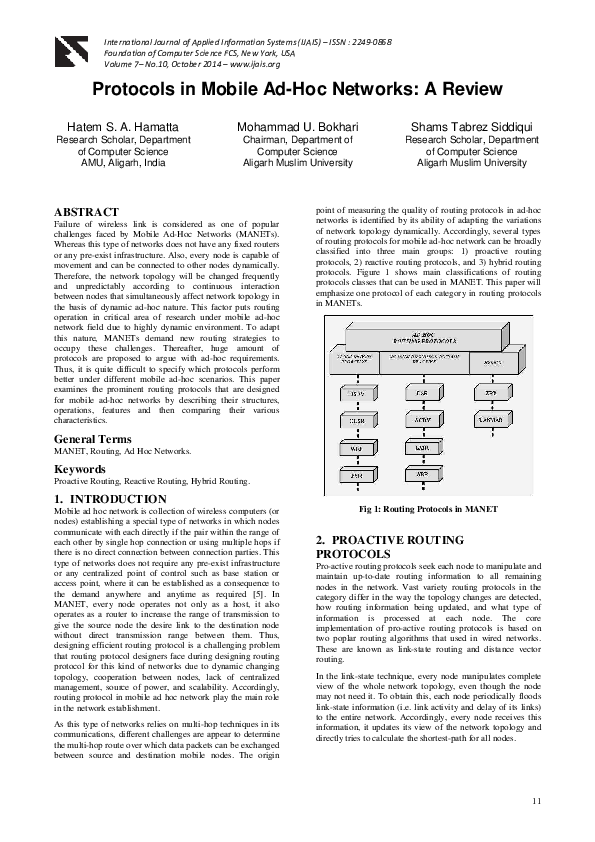 Pdf Protocols In Mobile Ad Hoc Networks A Review