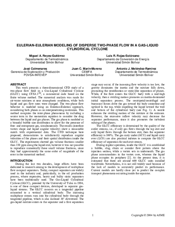 (PDF) Eulerian-Eulerian Modeling of Disperse Two-Phase Flow in a Gas-Liquid Cylindrical Cyclone