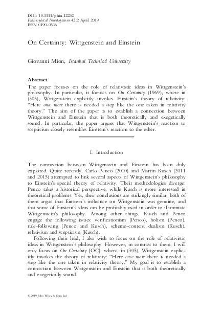 (PDF) (2019) On Certainty: Wittgenstein and Einstein