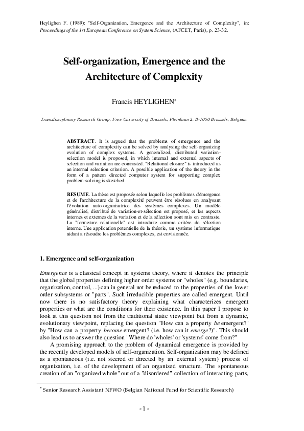 (PDF) Self-organization, emergence and the architecture of complexity