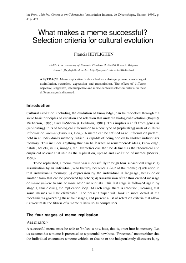 (PDF) What makes a meme successful? Selection criteria for cultural ...