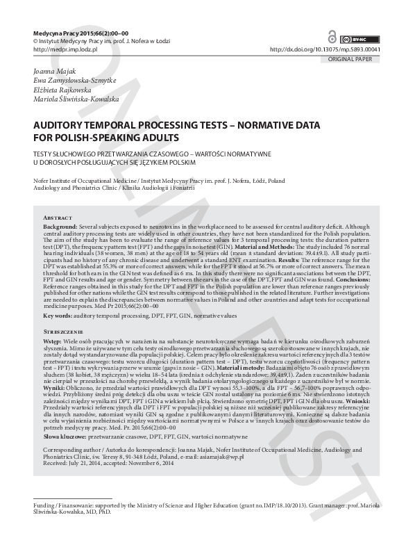 (PDF) Auditory temporal processing tests – Normative data for Polish ...