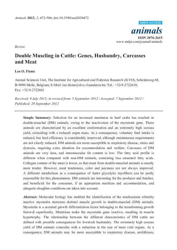 (PDF) Double Muscling in Cattle: Genes, Husbandry, Carcasses and Meat
