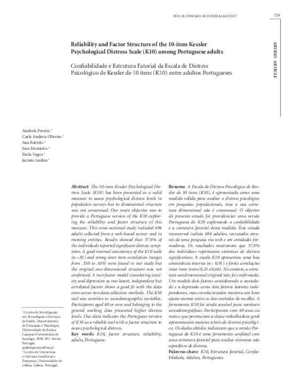 (PDF) Reliability and Factor Structure of the 10-item Kessler ...