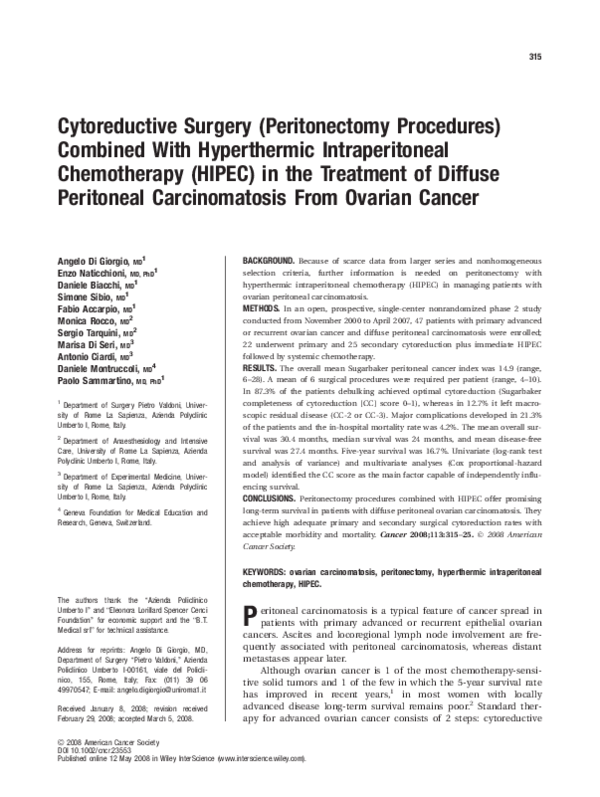 (PDF) Cytoreductive surgery (peritonectomy procedures) combined with ...