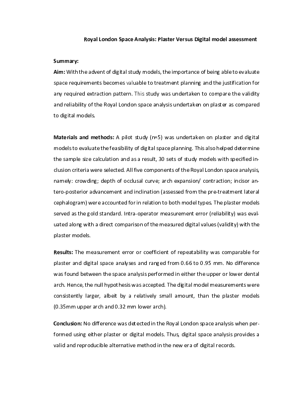 (PDF) Royal London space analysis: plaster versus digital model ...