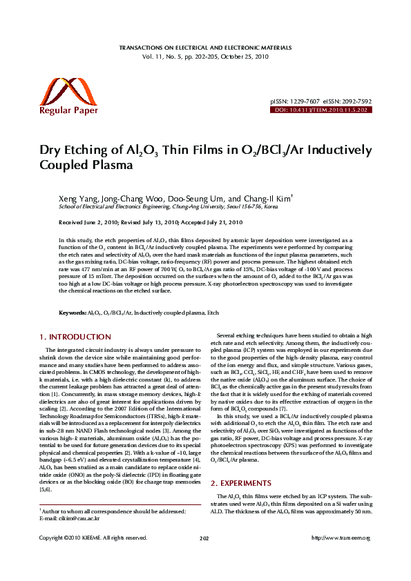 (PDF) Dry Etching of Al2O3Thin Films in O2/BCl3/Ar Inductively Coupled Plasma