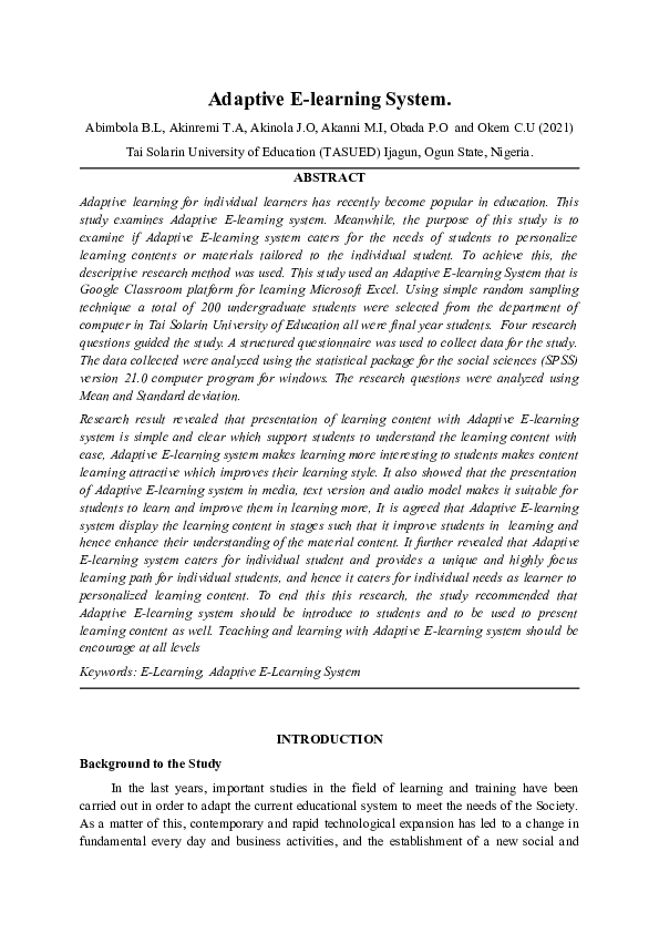 (DOC) Adaptive E-learning system