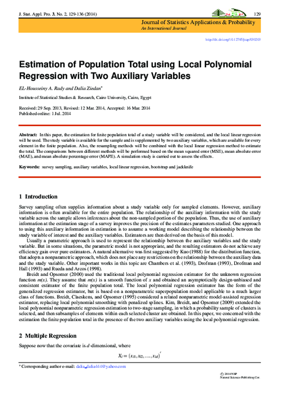 Pdf Estimation Of Population Total Using Local Polynomial Regression