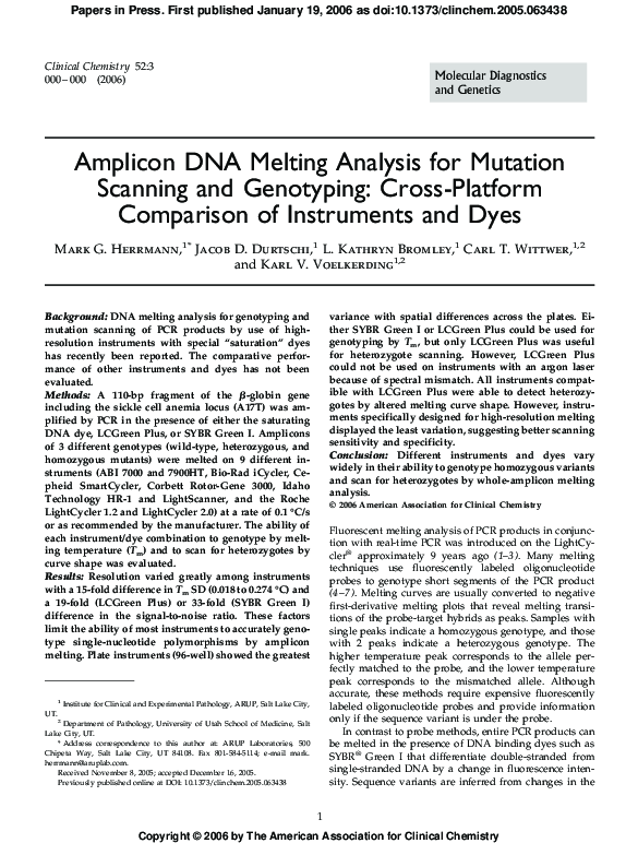 (PDF) Amplicon DNA Melting Analysis for Mutation Scanning and ...