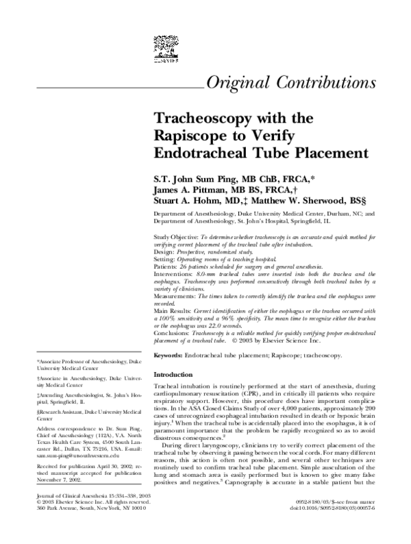(PDF) Tracheoscopy with the rapiscope to verify endotracheal tube placement