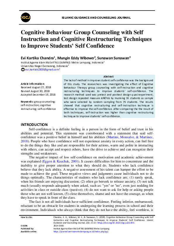 (PDF) Cognitive Behaviour Group Counseling with Self-Instruction and Cognitive Restructuring ...