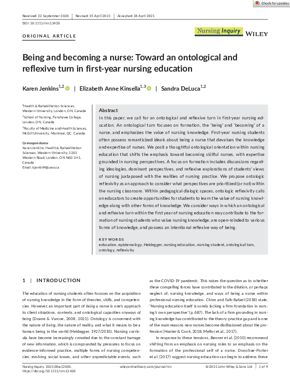 (PDF) Becoming and Being a Nurse: Toward an Ontological and Reflexive ...
