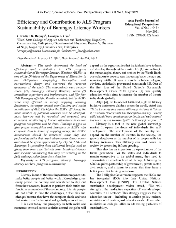 (PDF) Efficiency and Contribution to ALS Program Sustainability of ...