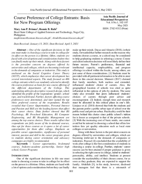 (PDF) Course Preference of College Entrants: Basis for New Program ...