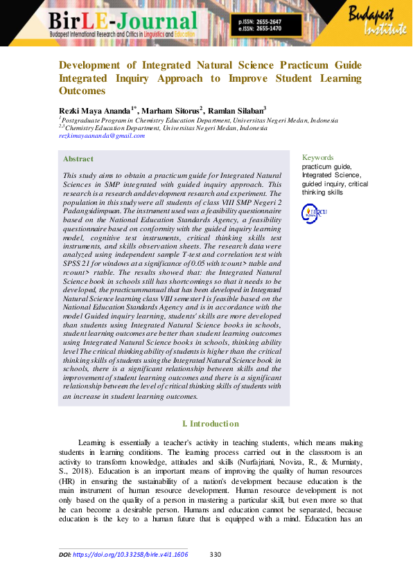 (PDF) Development of Integrated Natural Science Practicum Guide Integrated Inquiry Approach to ...