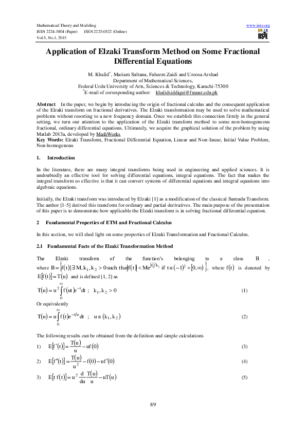 Pdf Application Of Elzaki Transform Method On Some Fde Uroosa Arshad