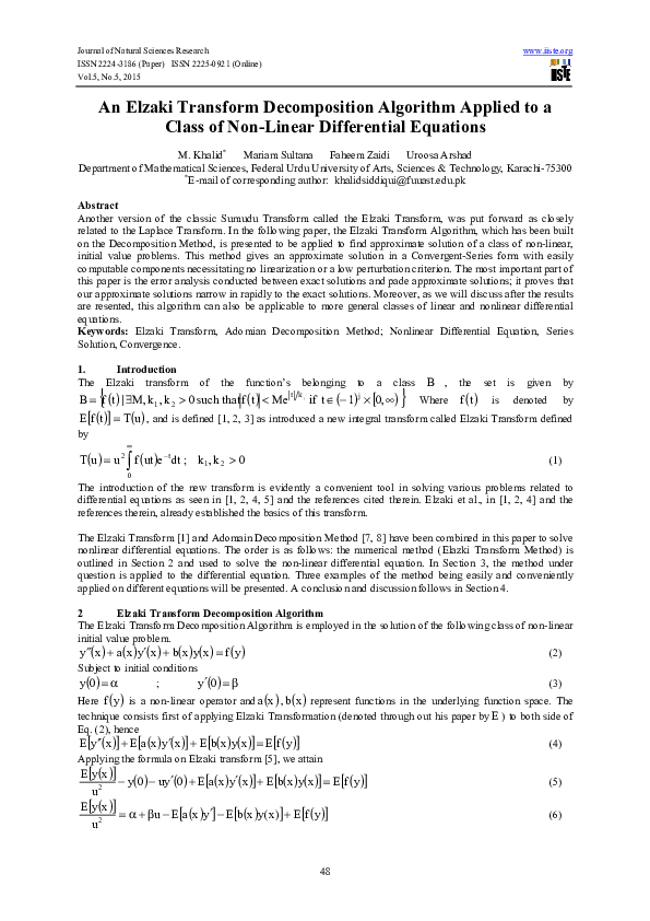 Pdf An Elzaki Transform Decomposition Algorithm Applied To A Class Of