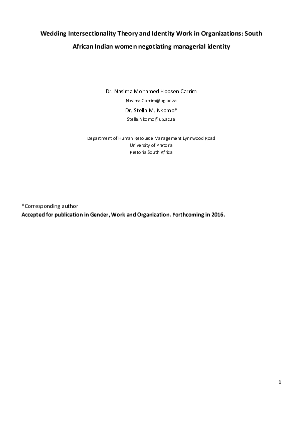 (PDF) Wedding Intersectionality Theory and Identity Work in Organizations: South African Indian ...