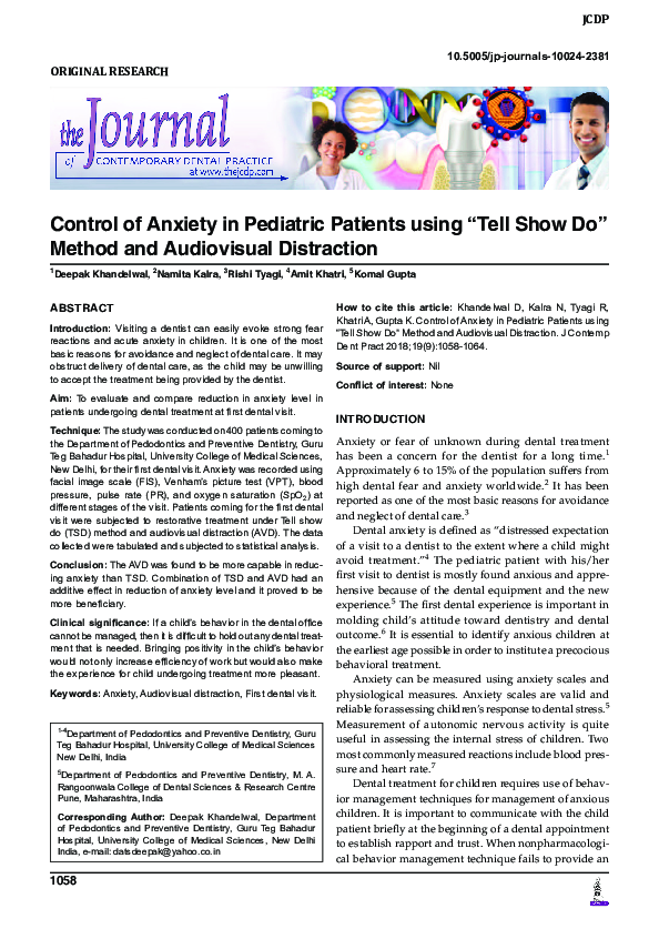(PDF) Control of Anxiety in Pediatric Patients using “Tell Show Do ...
