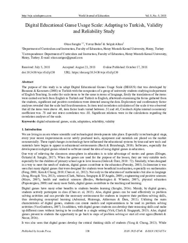 (PDF) Digital Educational Game Usage Scale: Adapting to Turkish ...