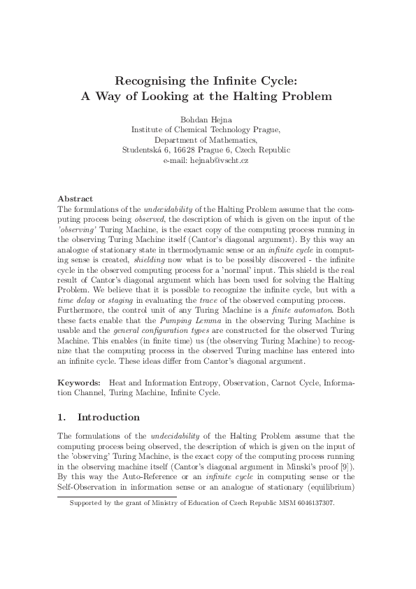 (PDF) Recognising the Infinite Cycle: A Way of Looking at the Halting Problem