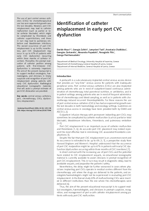 (PDF) Identification of catheter misplacement in early port CVC dysfunction