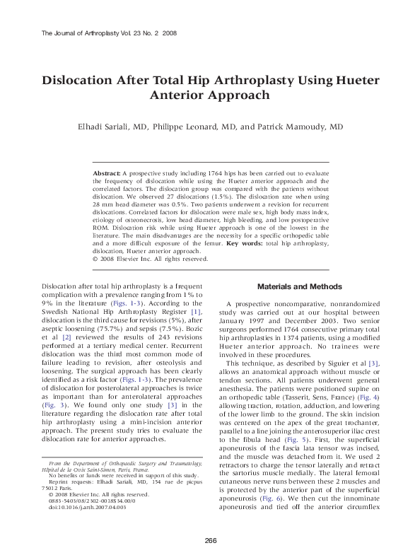 Dislocation After Total Hip Arthroplasty Using Hueter Anterior Approach