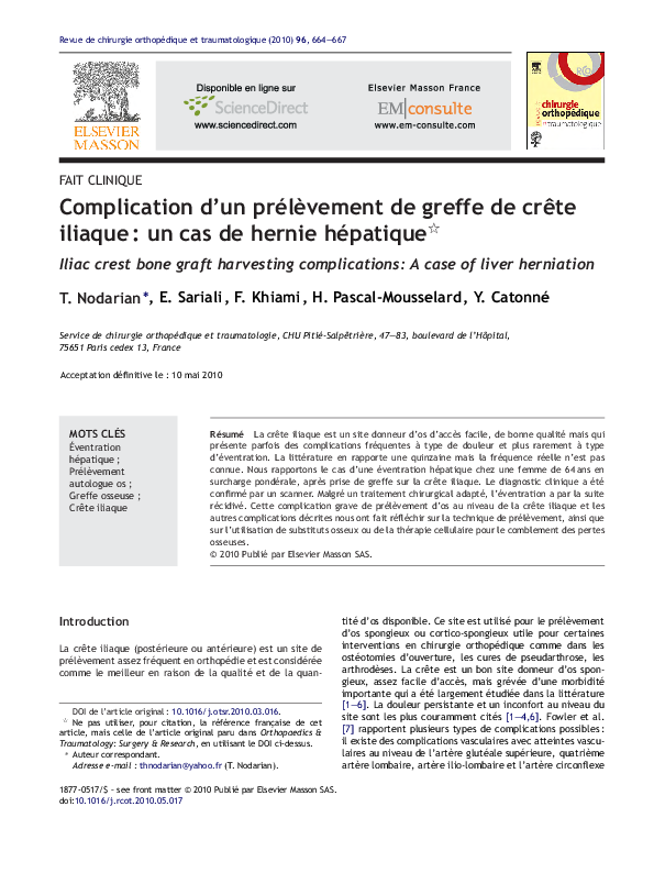 (PDF) Complication d’un prélèvement de greffe de crête iliaque : un cas ...