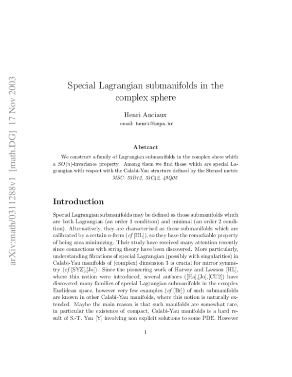 (PDF) Special Lagrangian submanifolds in the complex sphere