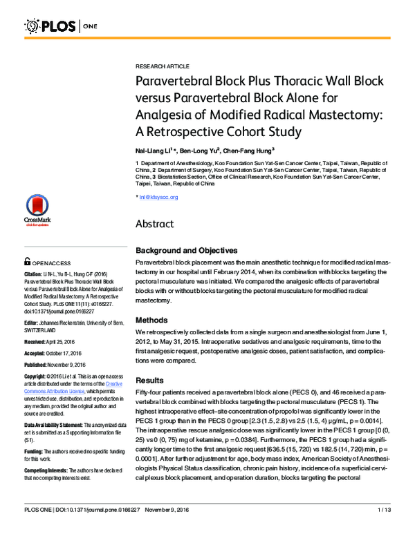 (PDF) Paravertebral Block Plus Thoracic Wall Block versus Paravertebral ...