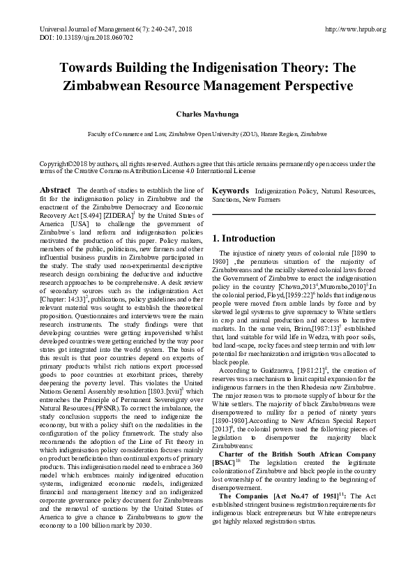 (PDF) Towards Building the Indigenisation Theory: The Zimbabwean ...