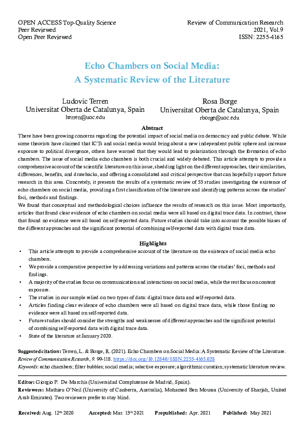 (PDF) Echo Chambers on Social Media A Systematic Review of the Literature