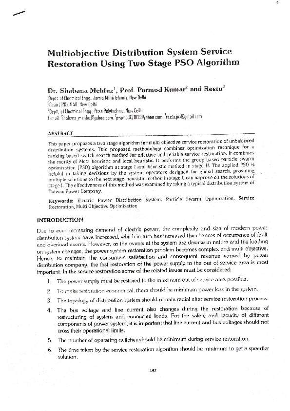 (PDF) Multi Objective Distribution System Service Restoration using Two Stage PSO Algorithm ...