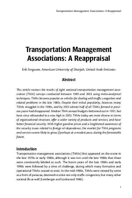 (PDF) Transportation Management Associations: A Reappraisal
