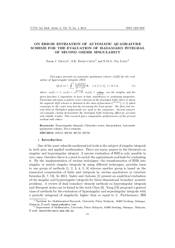Pdf On Error Estimation Of Automatic Quadrature Scheme For The Evaluation Of Hadamard Integral