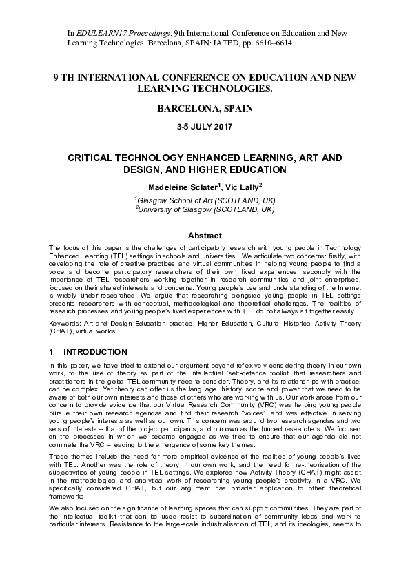 (PDF) Critical technology enhanced learning, art and design, and higher ...