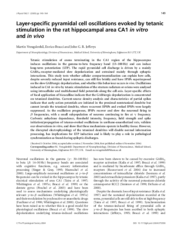 (PDF) Layer-specific pyramidal cell oscillations evoked by tetanic ...
